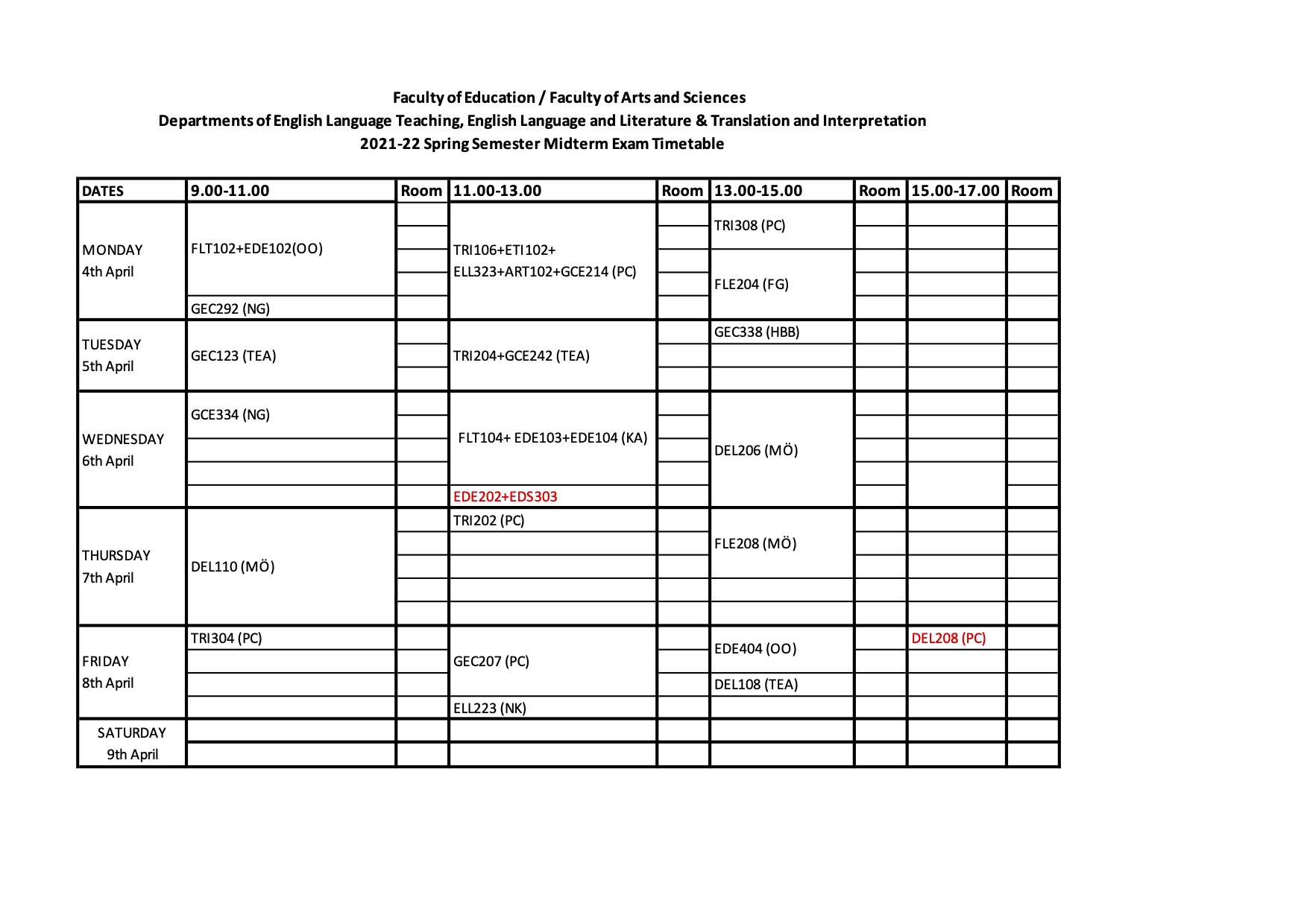2021-22 Spring Semester Midterm Exam Timetable – Tentative – English ...
