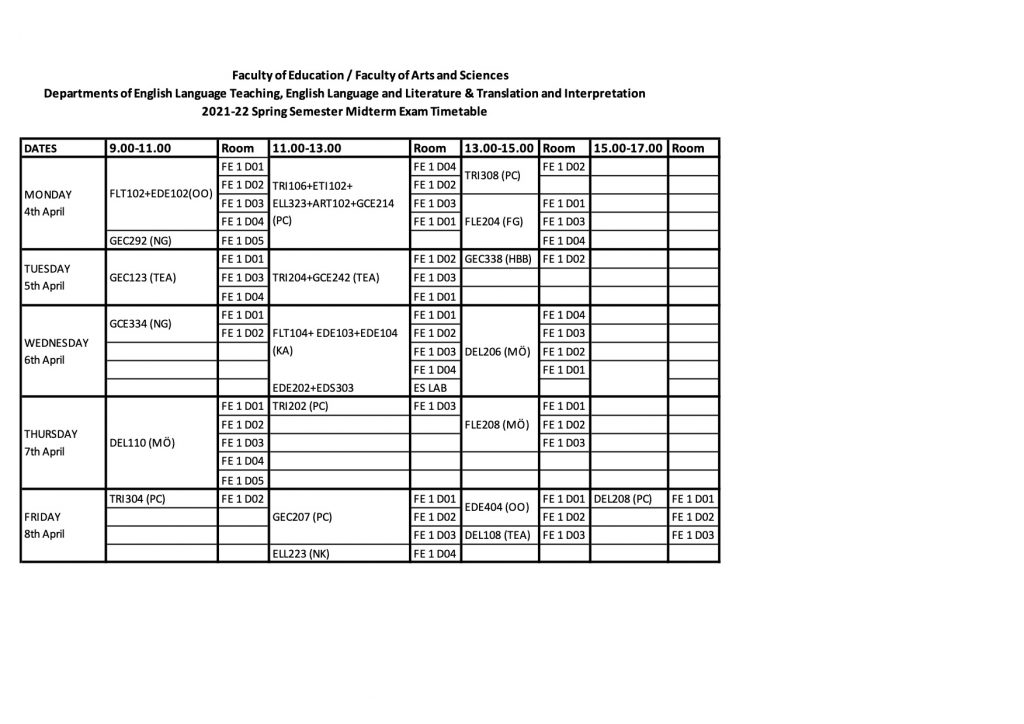 2021-22 Midterm Exam Timetable (with Rooms) Announced! – English ...